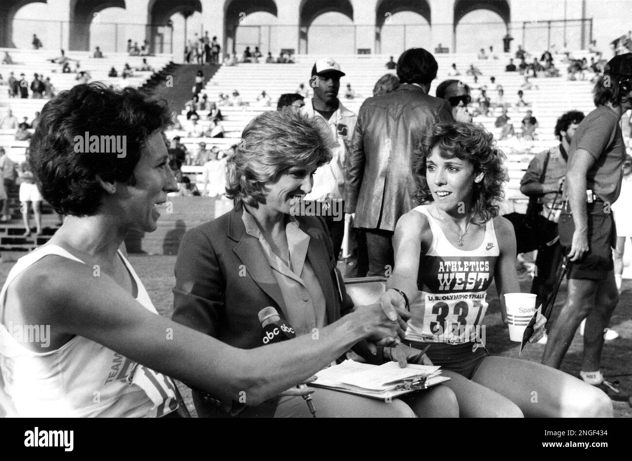 Mary Decker, right, shakes hands with Ruth Wysocki shortly after ...