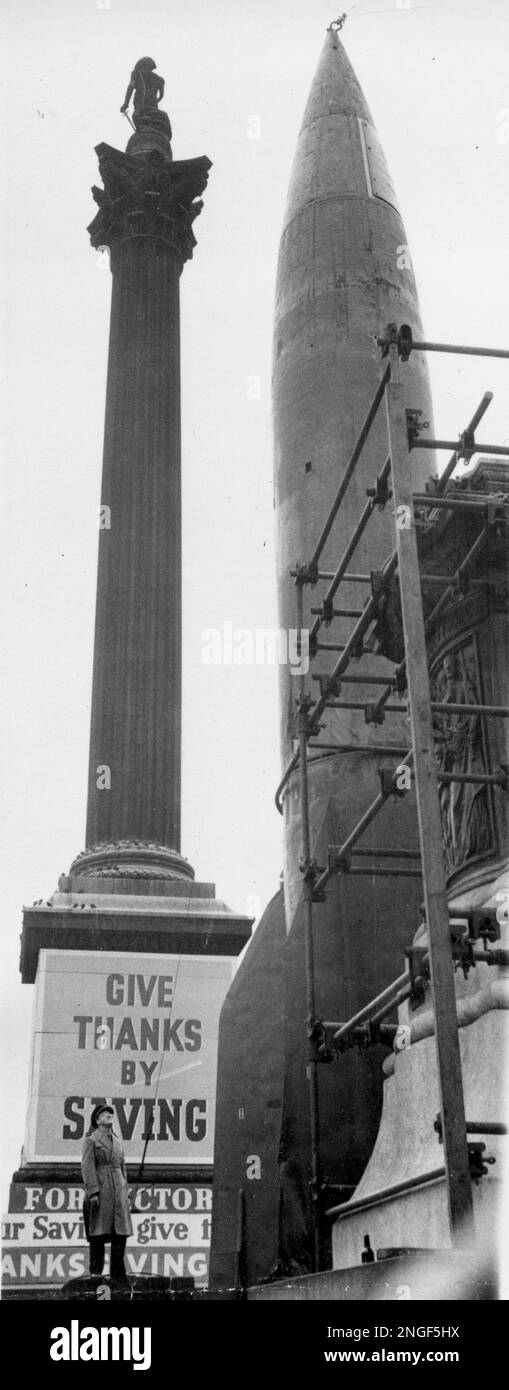 A German V-2 rocket bomb stands in launching position near Nelson's ...
