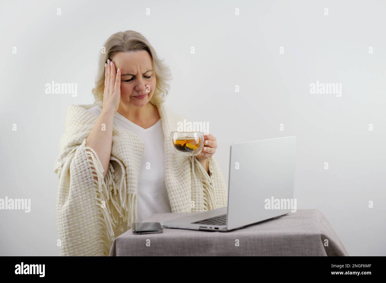 laptop, Sad unhappy exhausted sick woman suffering from common cold or ...