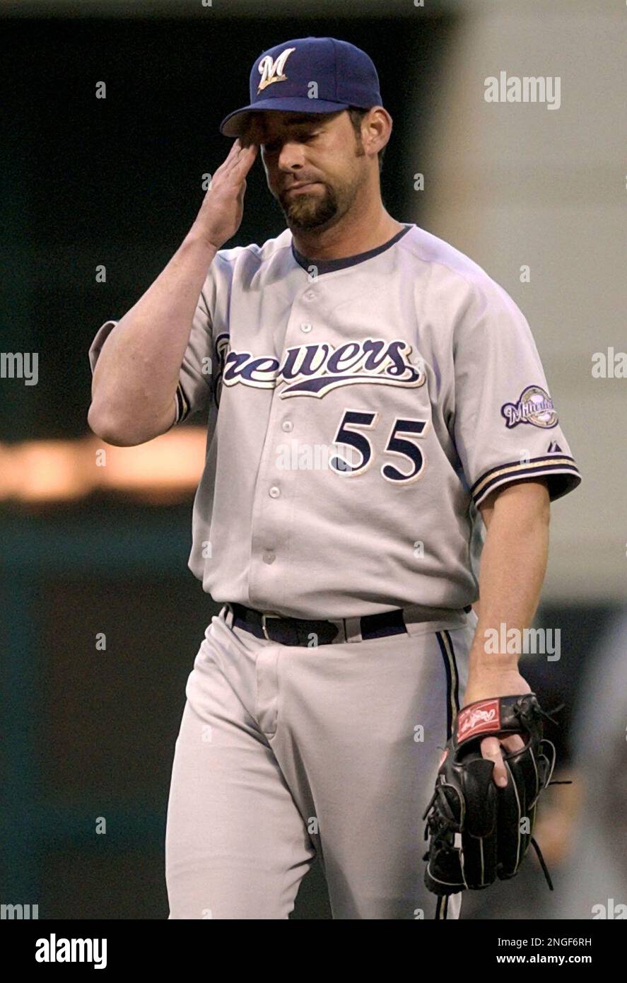 Milwaukee Brewers pitcher Brooks Kieschnick reacts after being called ...