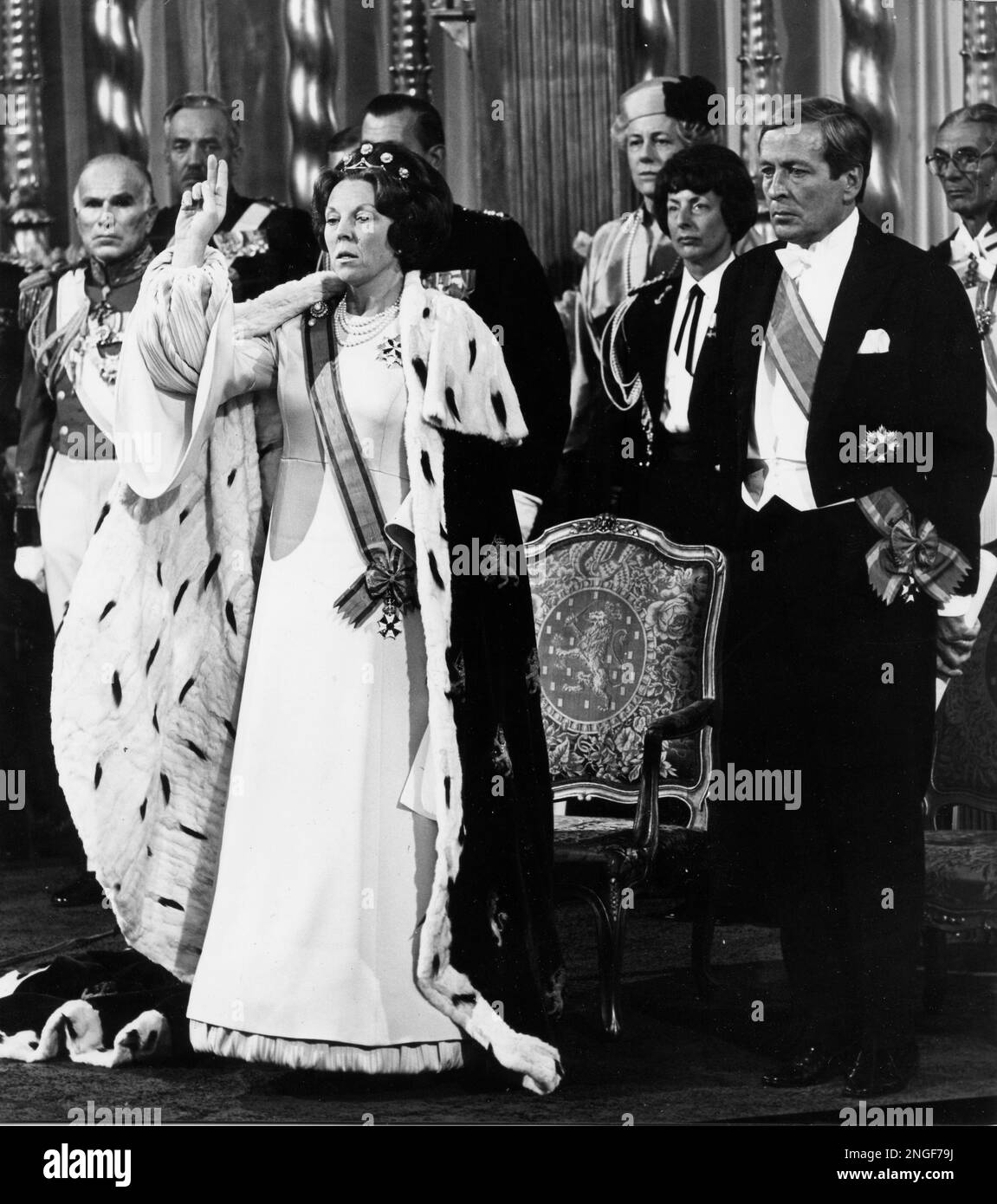 Queen Beatrix is shown during her crowning ceremony at Nieuwe Kerk, or ...