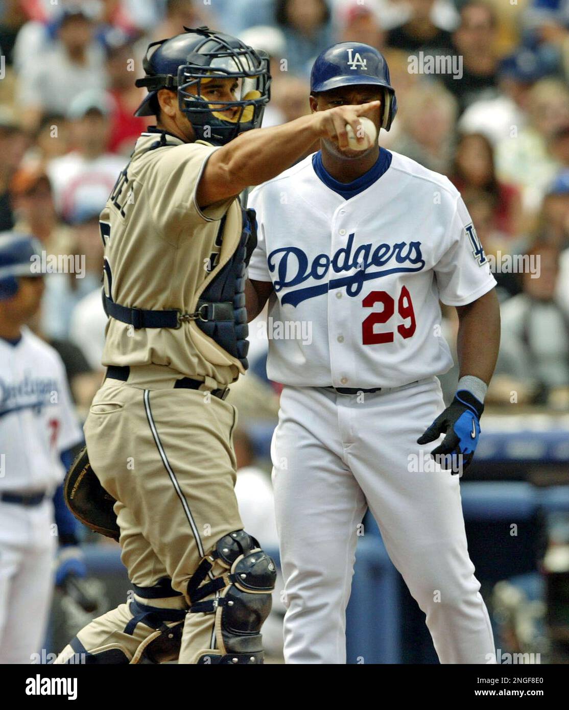 San Diego Padres' catcher Ramon Hernandez, left, looks to the first ...
