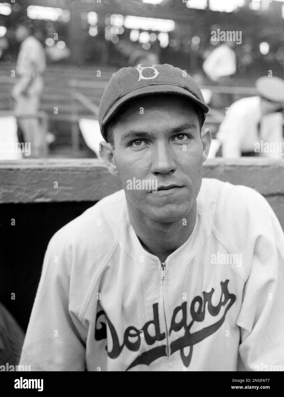 Pete Reiser, centerfielder for the Brooklyn Dodgers, poses near the ...