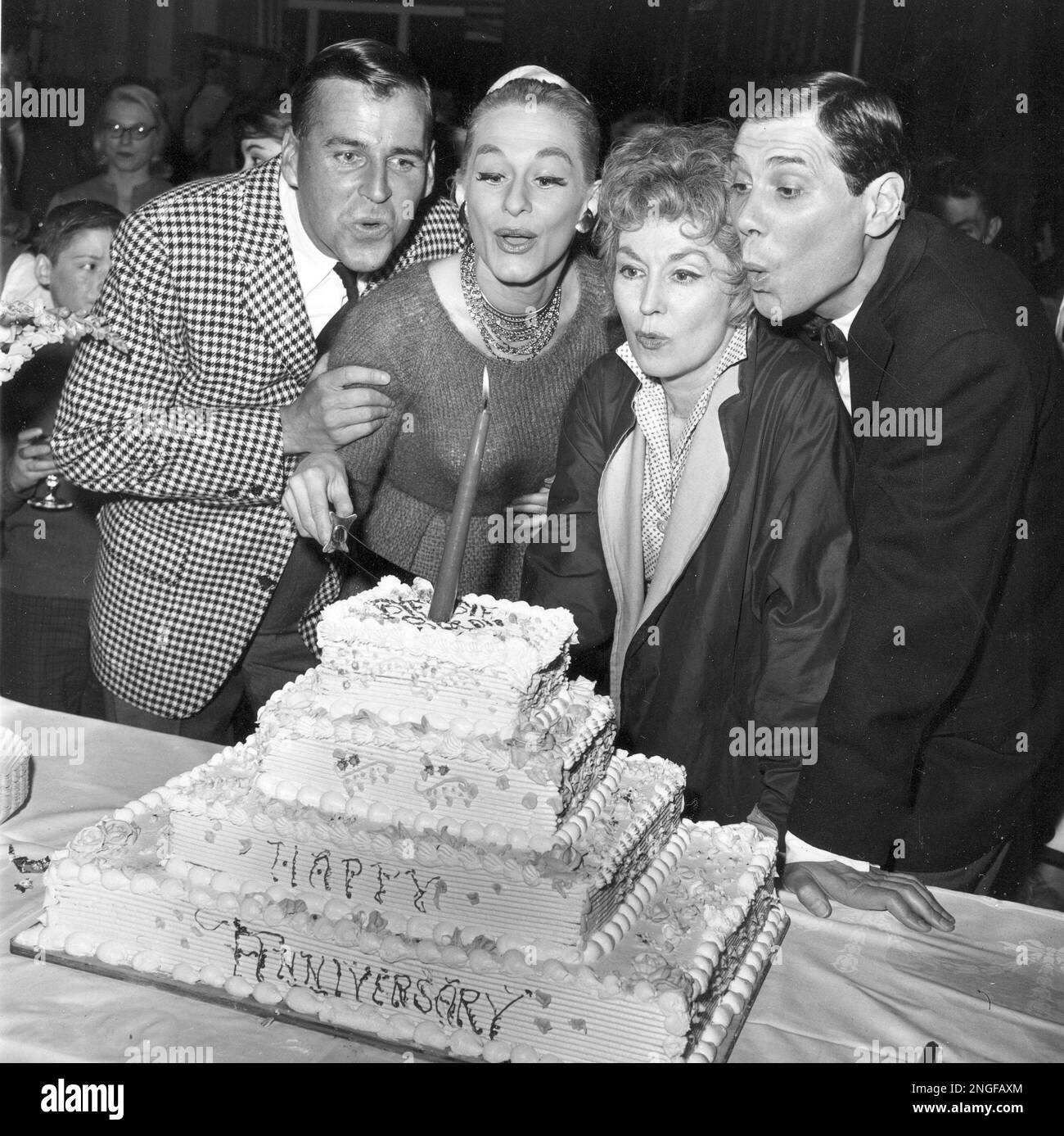 Cast members of the Broadway musical "Bye Bye Birdie" celebrate the ...