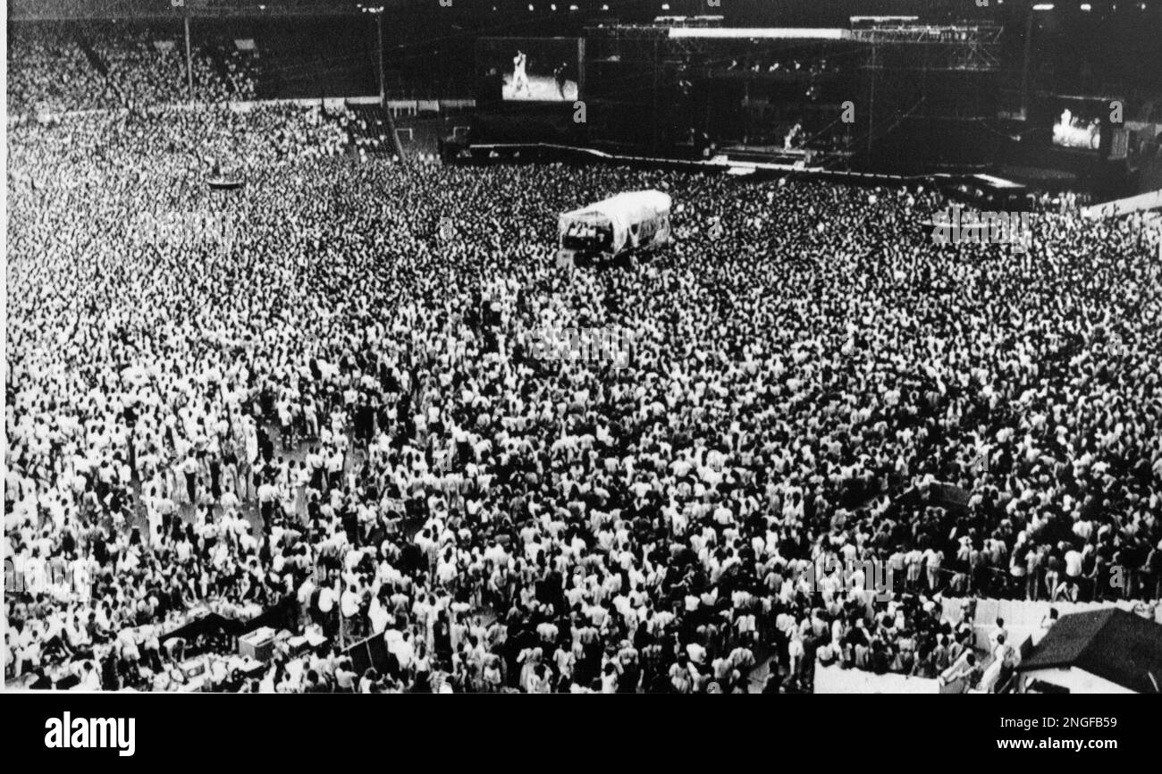 A huge crowd is gathered at Wembley Stadium in London, England, for an ...
