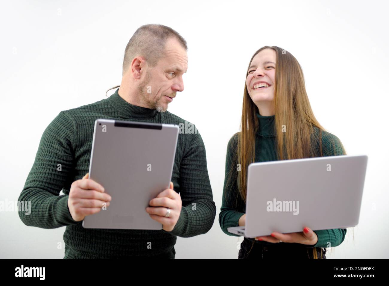 Two happy diverse business people professional employees workers having ...