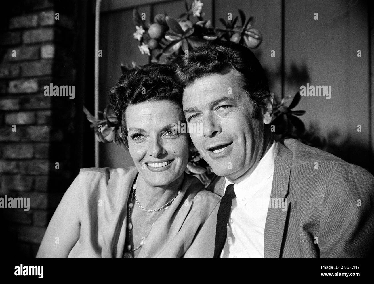 Actress Jane Russell and actor Roger Barrett pose in Los Angeles, Ca ...
