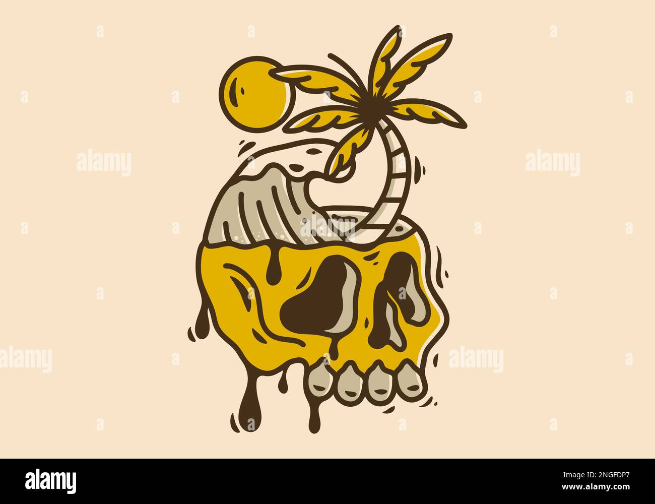 Abstract art illustration drawing of a skull with beach waves and ...