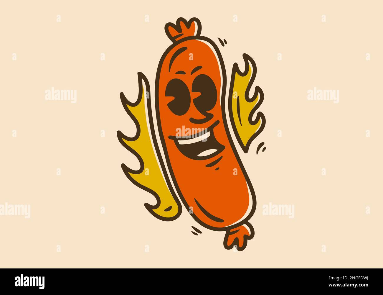 Sausage character illustration design with smiling face and fire flame ...