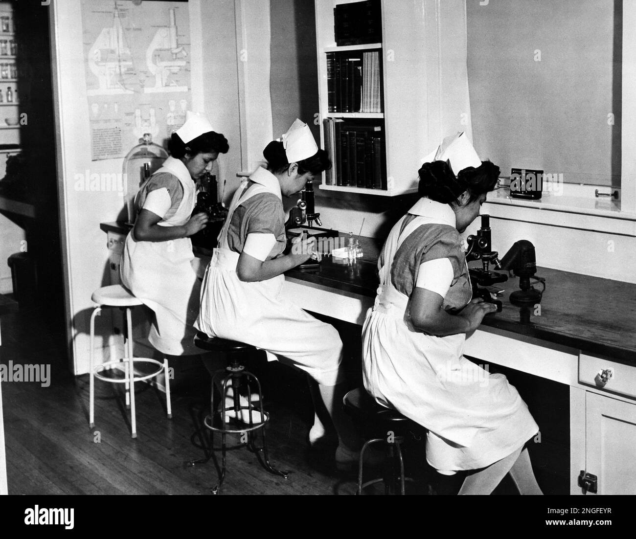 Navajo nurses inspect slides in the laboratory class in the first ...