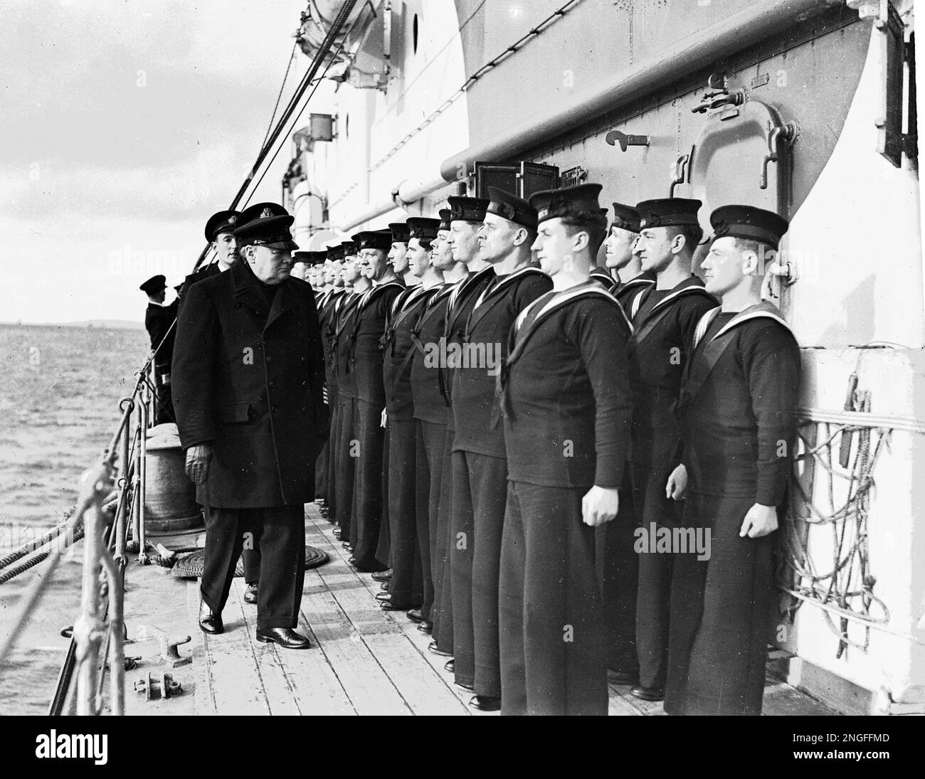 Britain's Prime Minister Winston Churchill inspects the ship's company ...