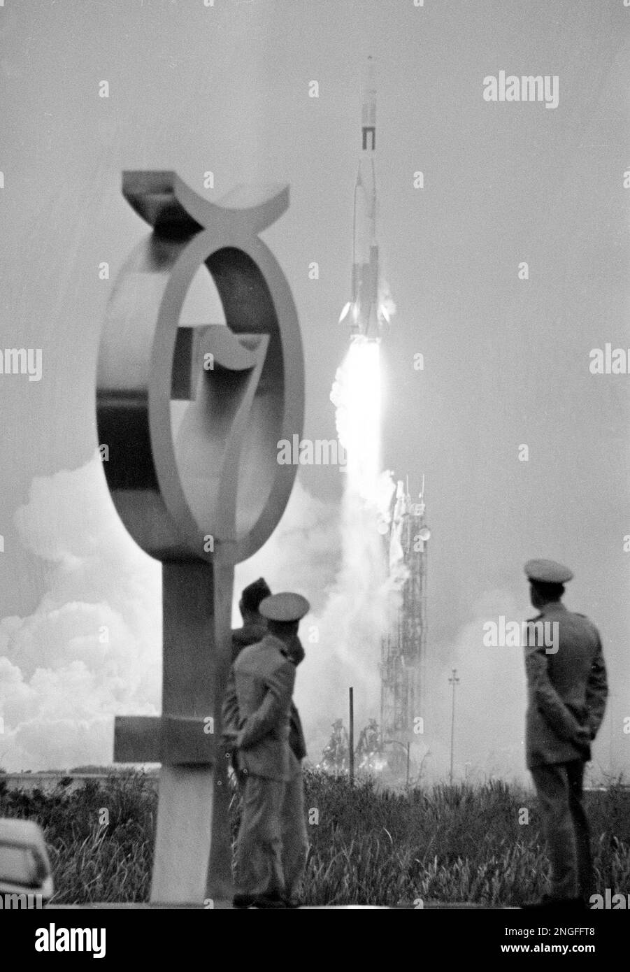 The Ranger 9 spacecraft, riding on the nose of an Atlas-Agena rocket ...