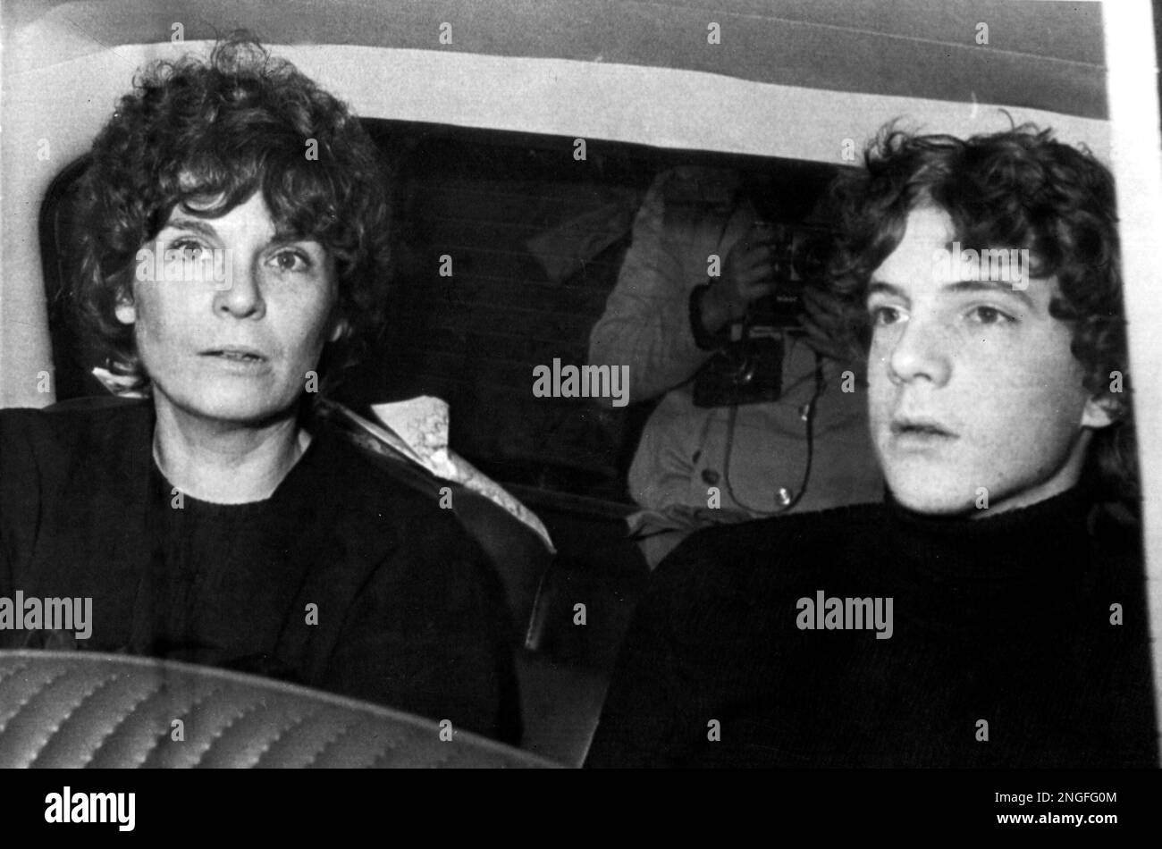 Former actress Gail Harris arrives in a police car with her son John ...