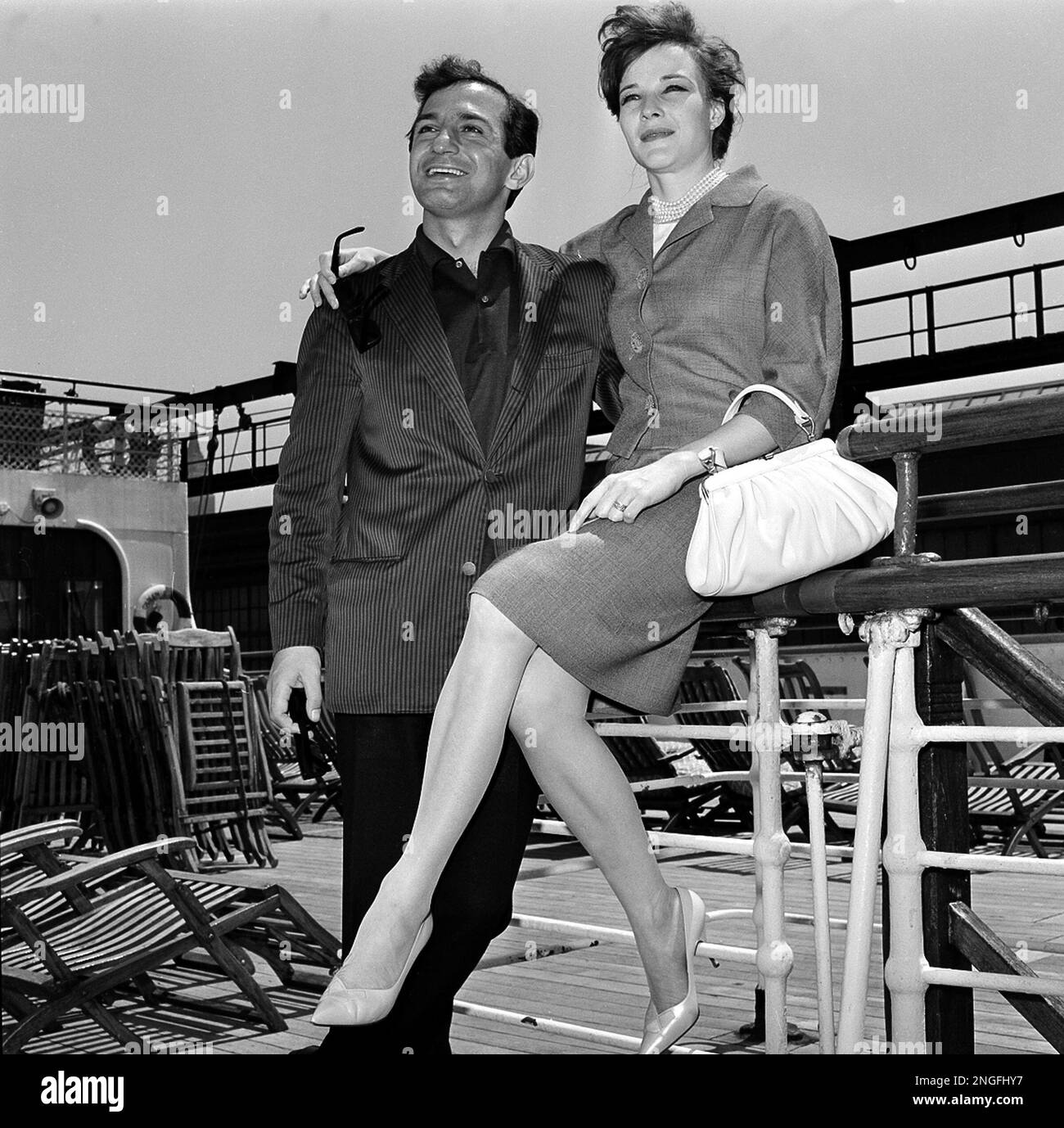 Actress Janice Rule and her husband, actor Ben Gazzara, pose aboard the ...