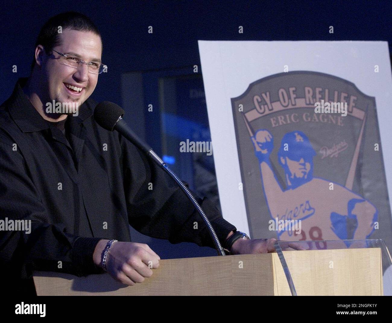 Los Angeles Dodgers pitcher Eric Gagne smiles during a news conference ...