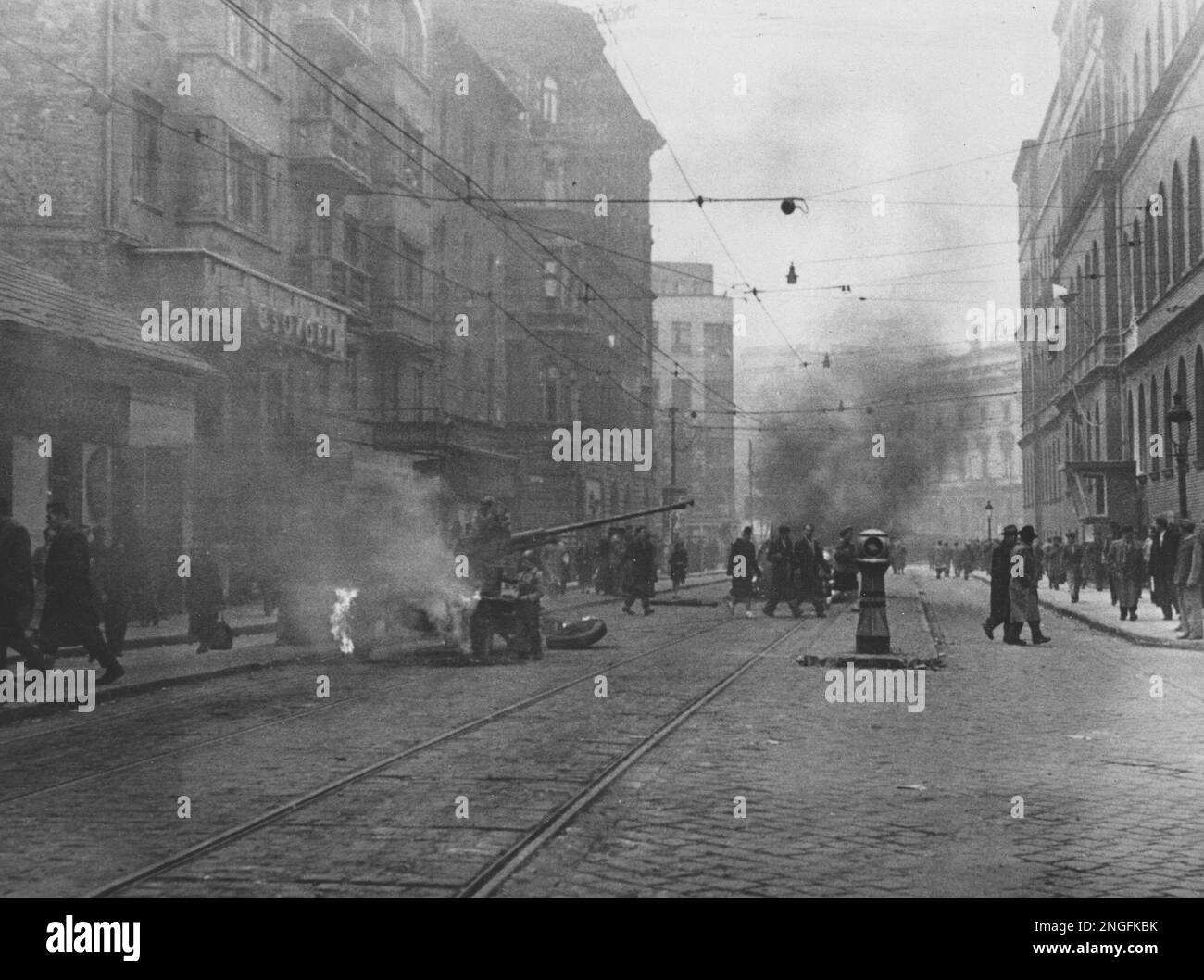 Smoke rises from blazing tires of a Soviet gun after rebels set fire to ...