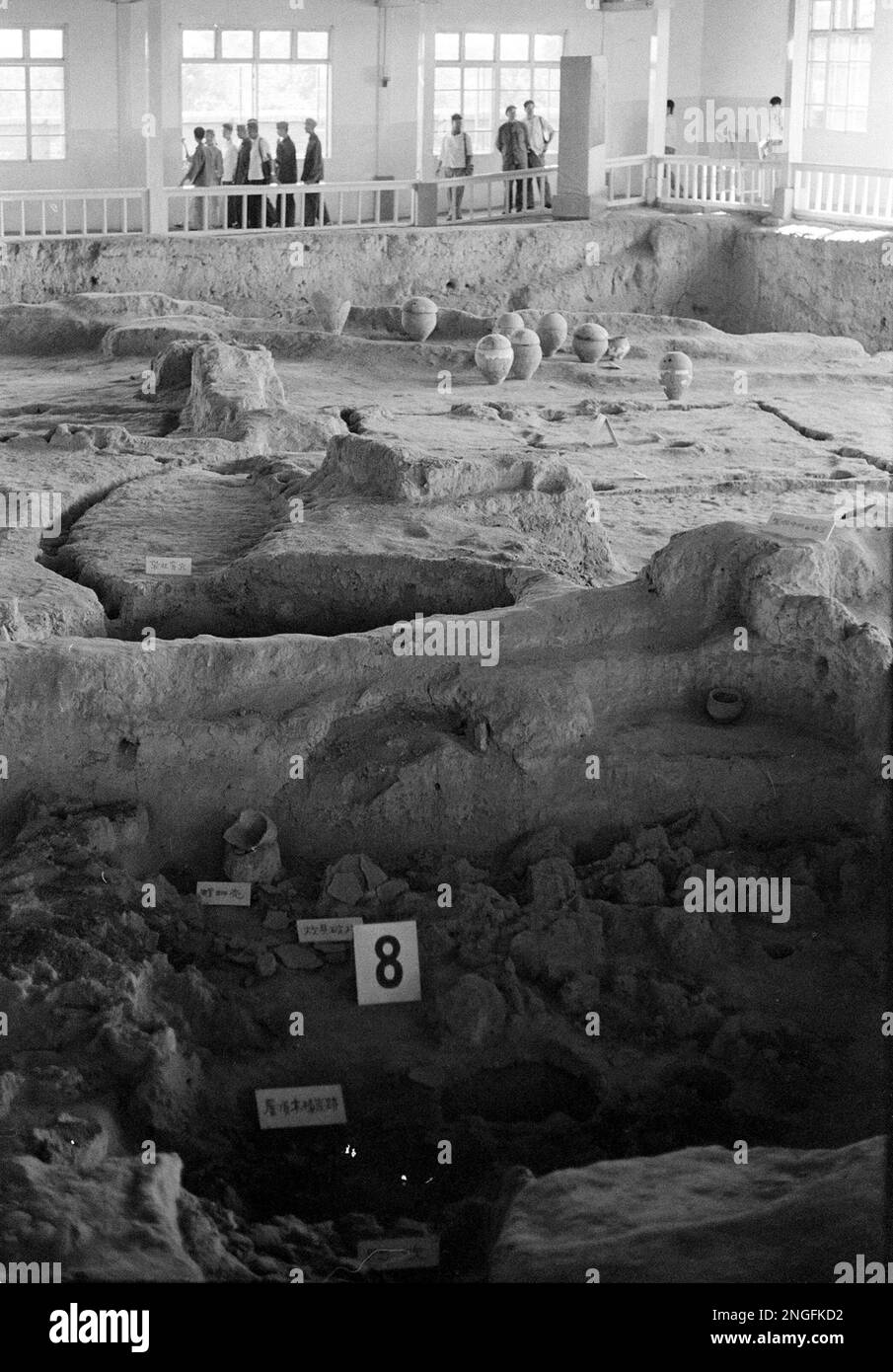 Chinese tourists visit the covered excavation site of a neolithic ...