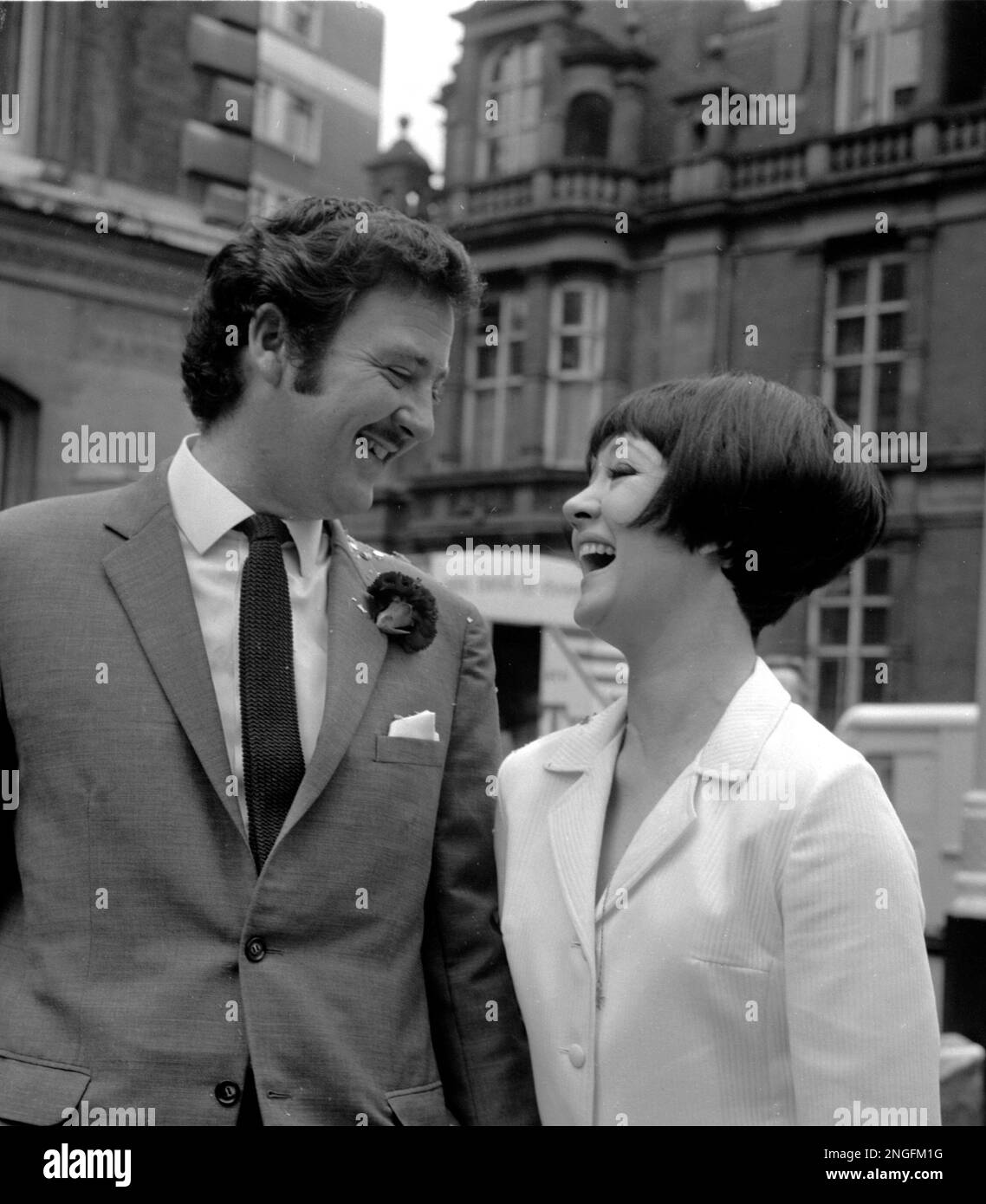 Actress Amanda Barrie and actor Robin Hunter are seen after their wedding at Caxton Town Hall in ...