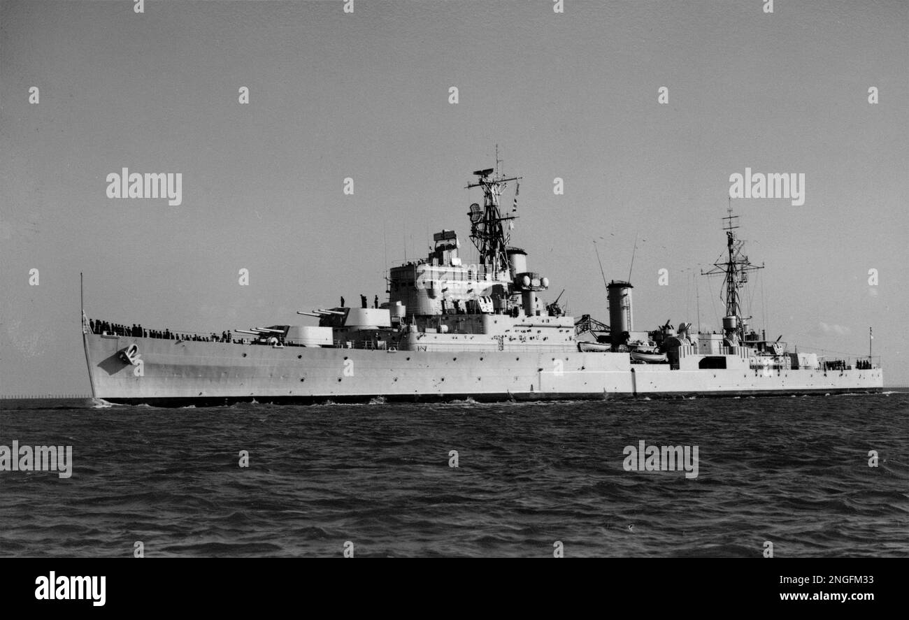 HMS Newfoundland of the Royal Navy at sea in February 1955. (AP Photo Stock Photo - Alamy