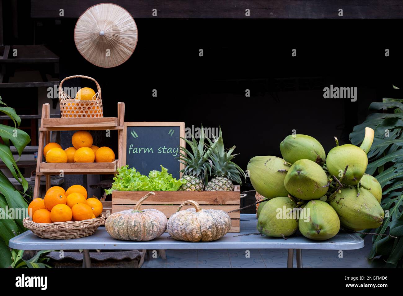 Healthy natural variety of fruits on the table at the farm stay Stock ...