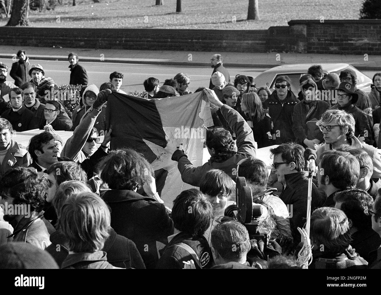 Opponents of an anti-Vietnam War demonstration set fire to a Viet Cong ...