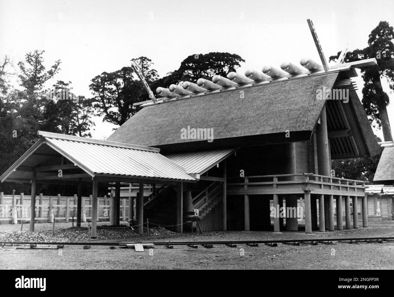This close view shows the newly-built Ise Shrine, the most sacred site ...