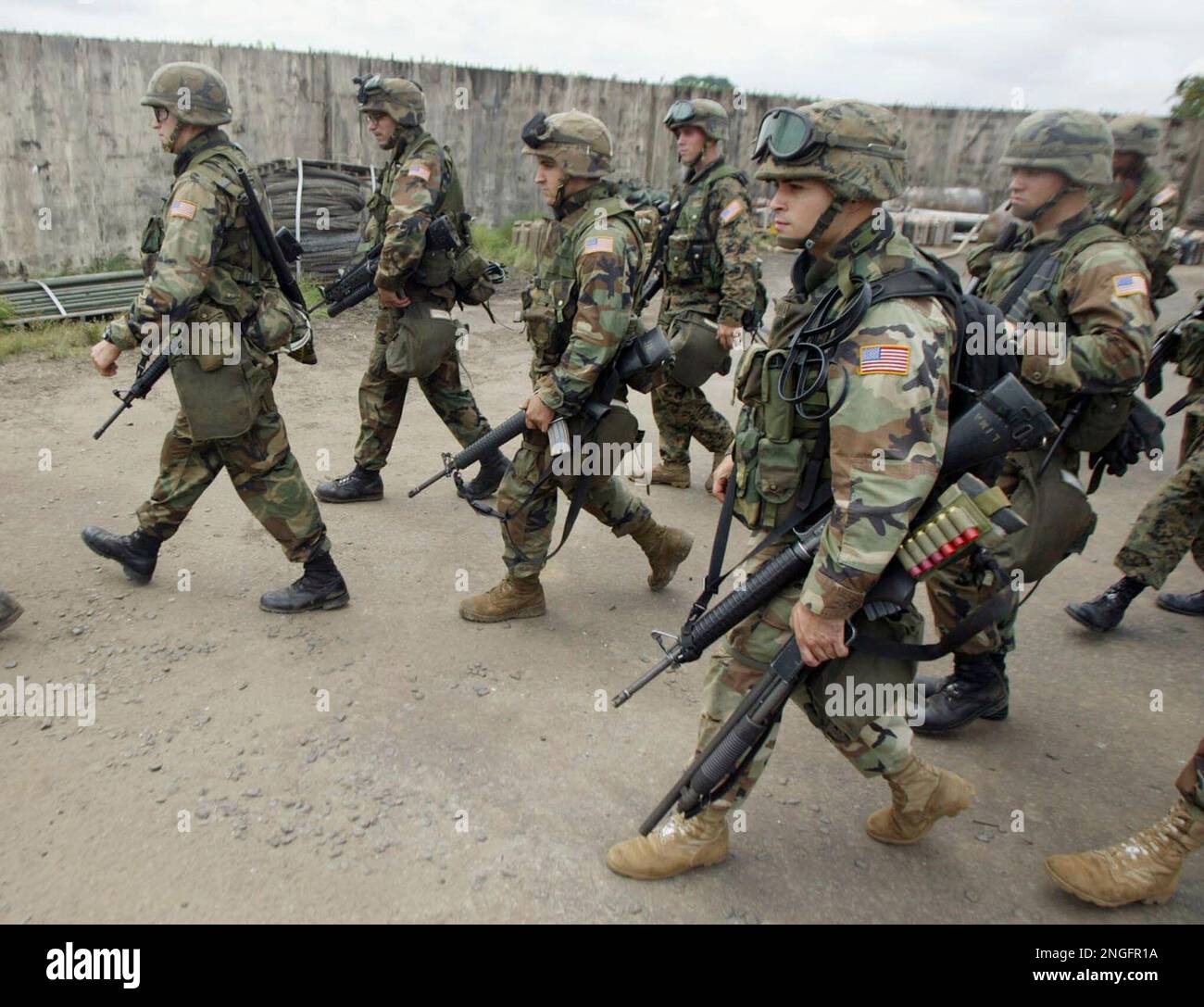 American marines walk around in Roberts International Airport, in ...