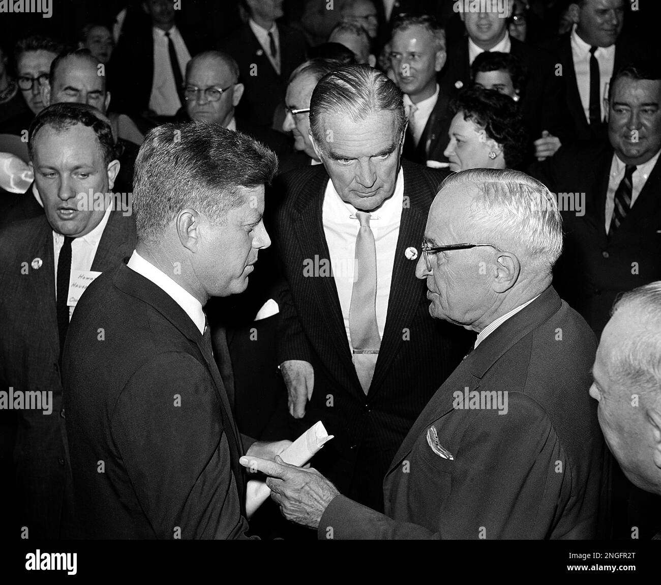 U.S. Sen. John F. Kennedy, left, and Sen. Stuart Symington, center ...