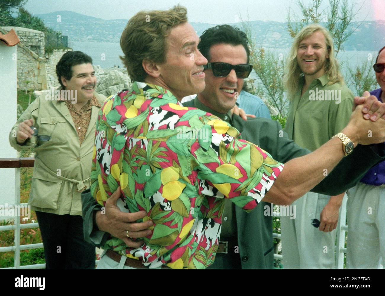 Us Action Stars Sylvester Stallone And Arnold Schwarzenegger Jokingly Stage A Dance As They