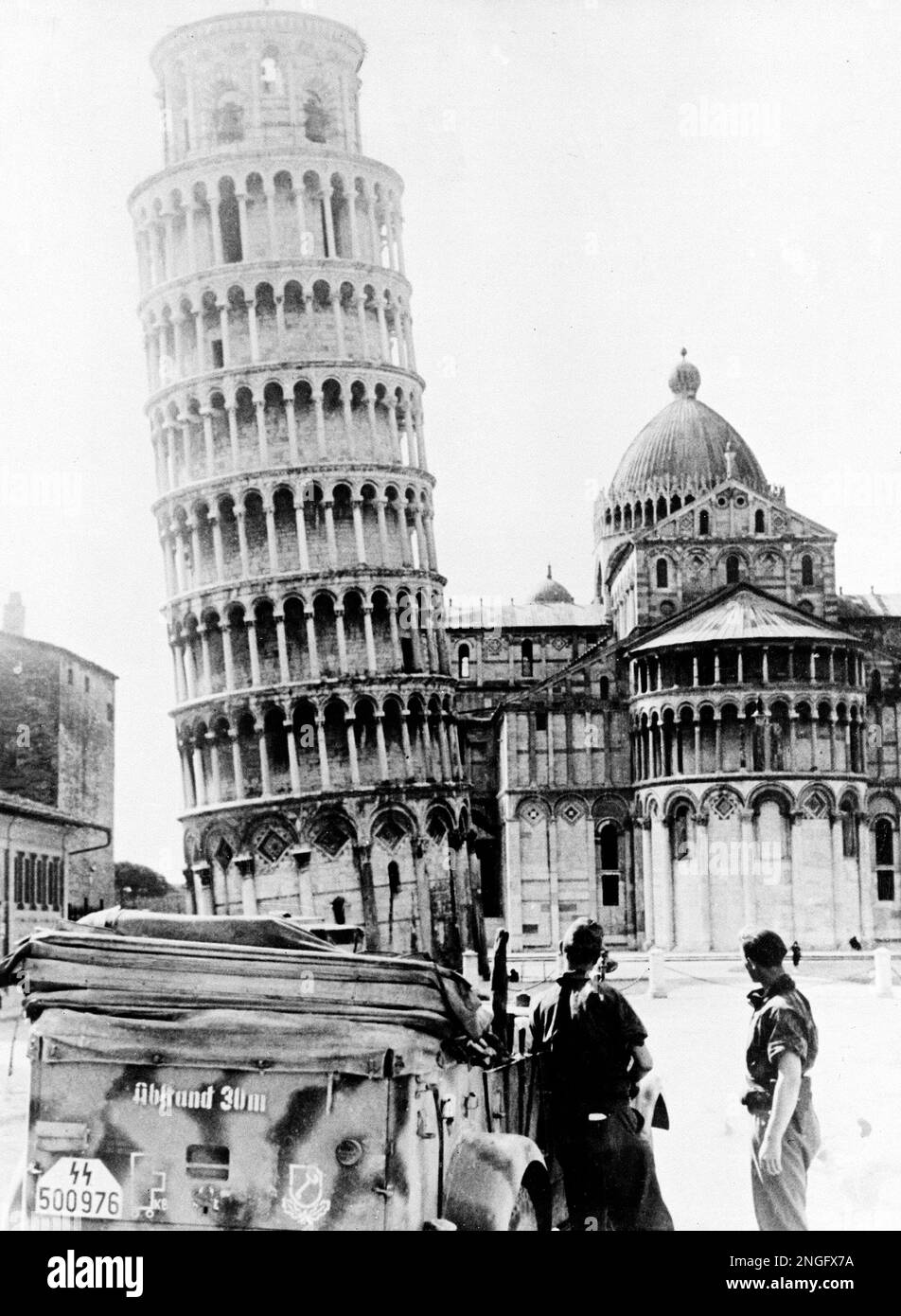 Two German Nazi SS soldiers admire the Cathedral in Pisa with the famed ...