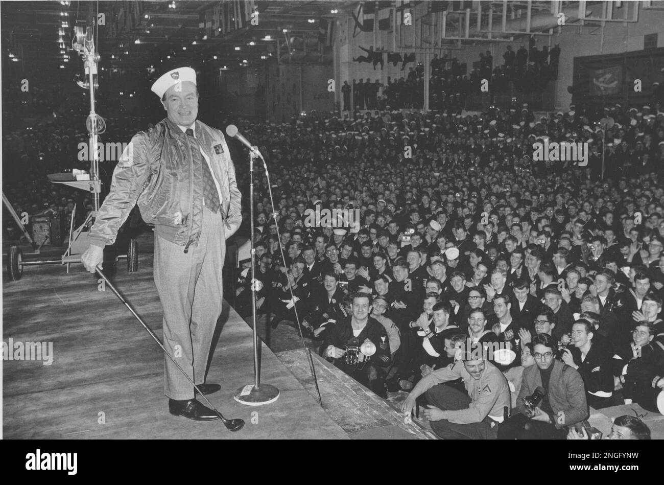 Comedian Bob Hope entertains sailors of the U.S. 6th Fleet Saratoga at ...