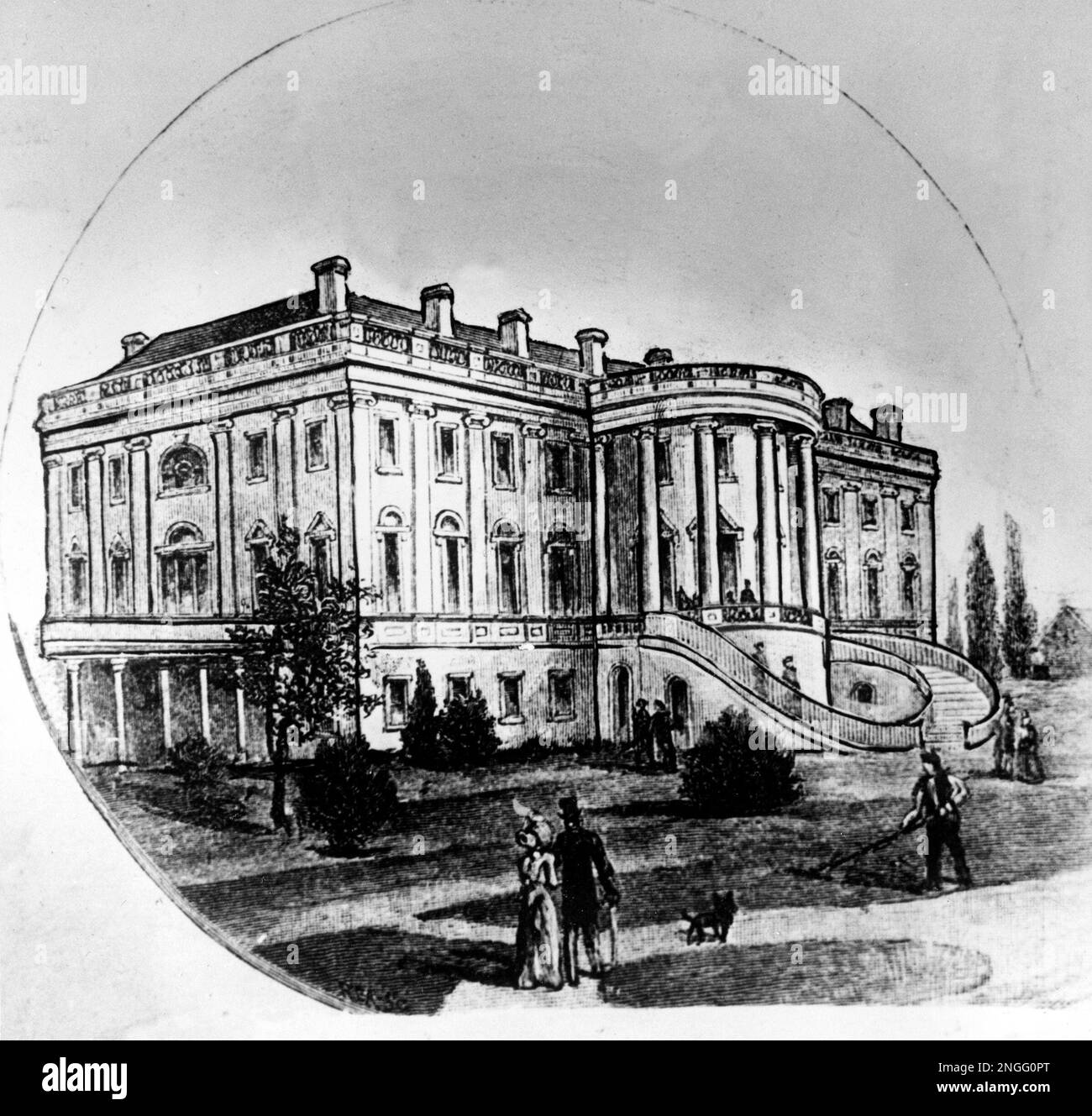 This etching shows the south front side of the White House in ...