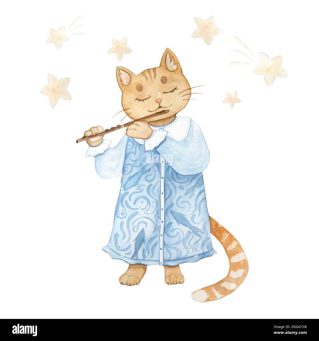Watercolor illustration of vintage cute fairy tale cat with a flute ...