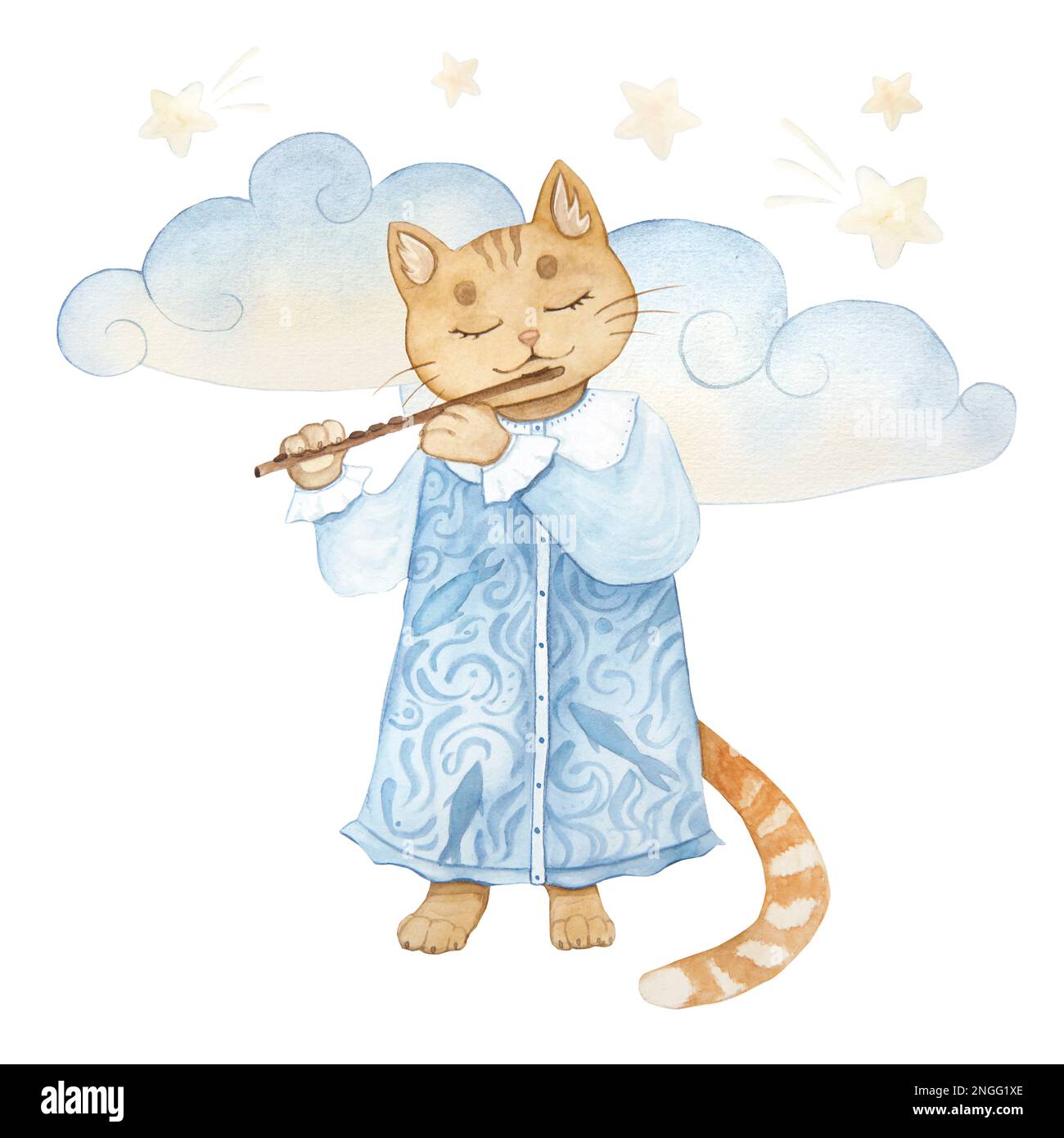 Watercolor illustration of vintage cute fairy tale cat with a flute ...