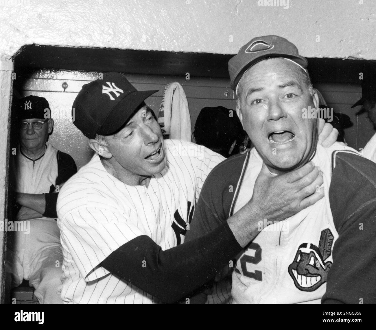 Joe di Maggio playfully chokes Ken Keltner, right, who goes along with ...