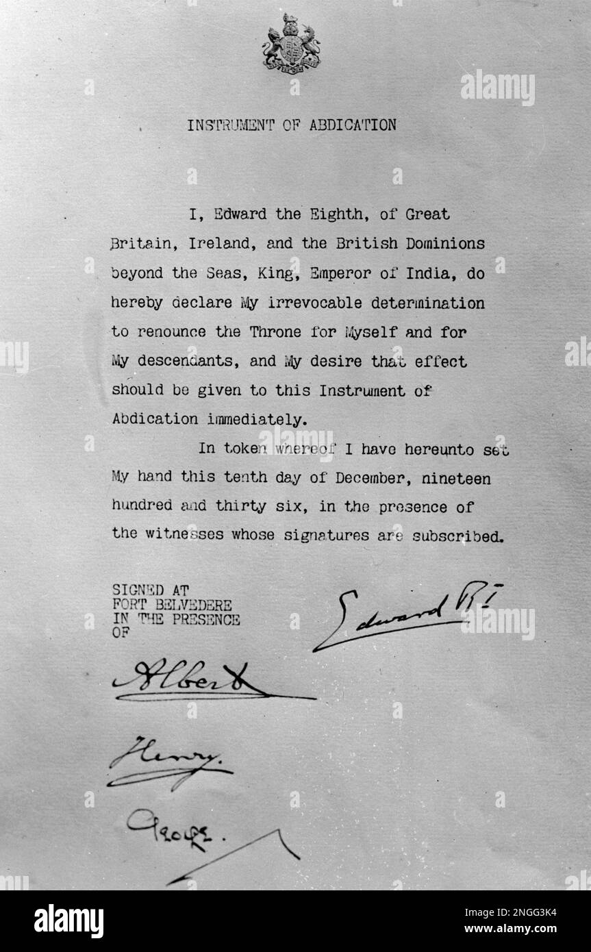 The intention of King Edward VIII to abdicate his throne was made known ...
