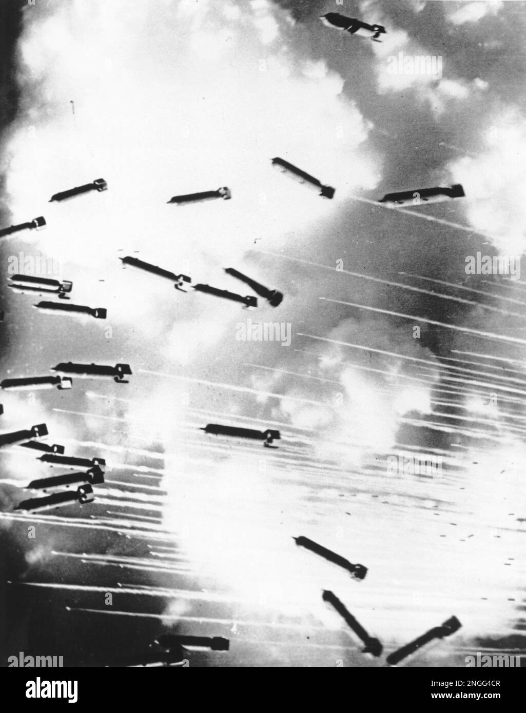 Bombs are dropped from U.S. aircraft, bound for the submarine yards and ...