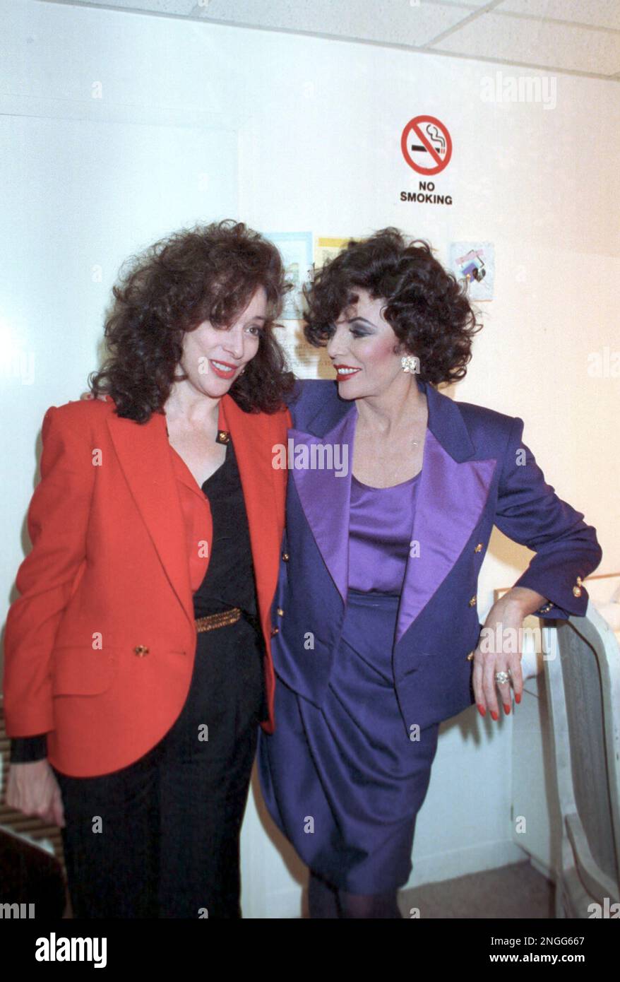 Actresses Dixie Carter, left, and Joan Collins are shown backstage at ...