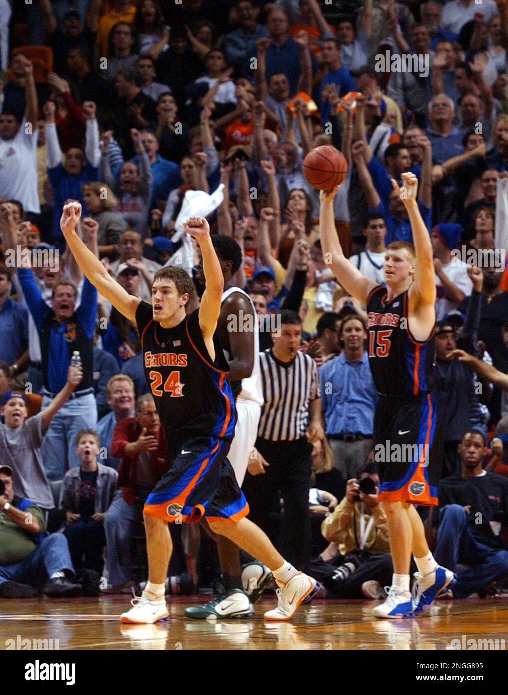 University of Florida's David Lee (24) and Matt Bonner (15), celebrate ...
