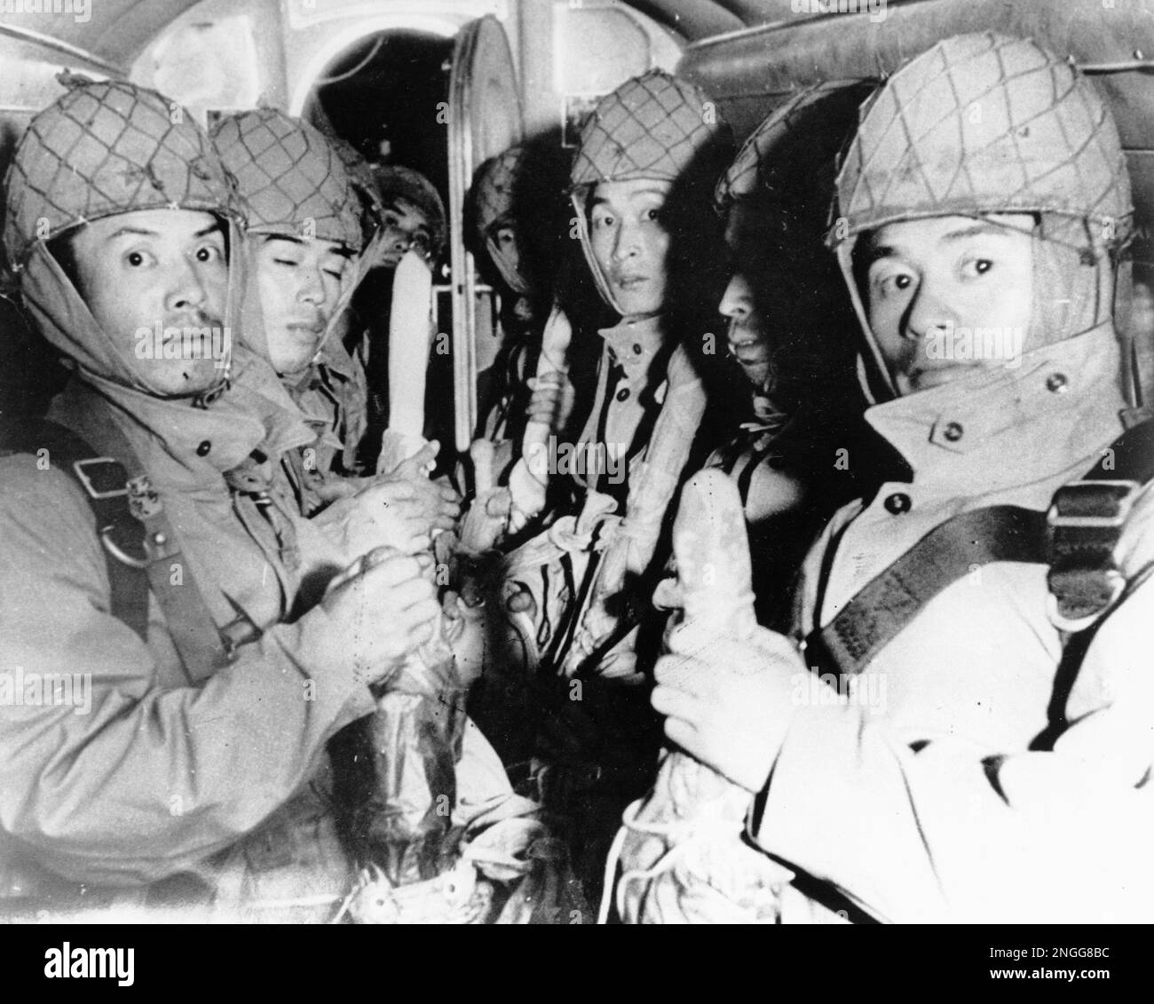 Japanese paratroopers from the Taka-Tiho airborne unit sit inside a ...
