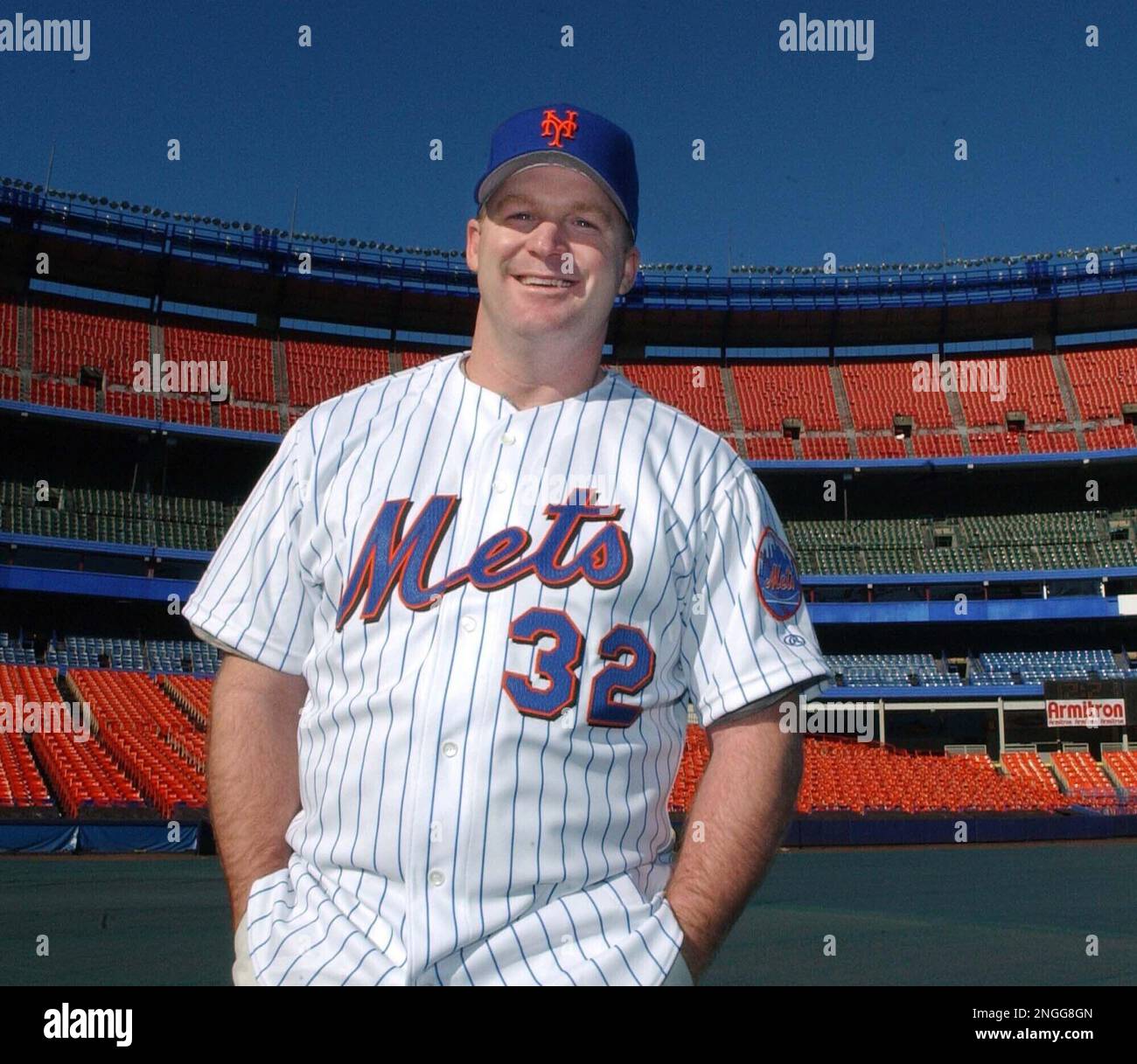 Mike Stanton poses for photographers at Shea Stadium in New York ...