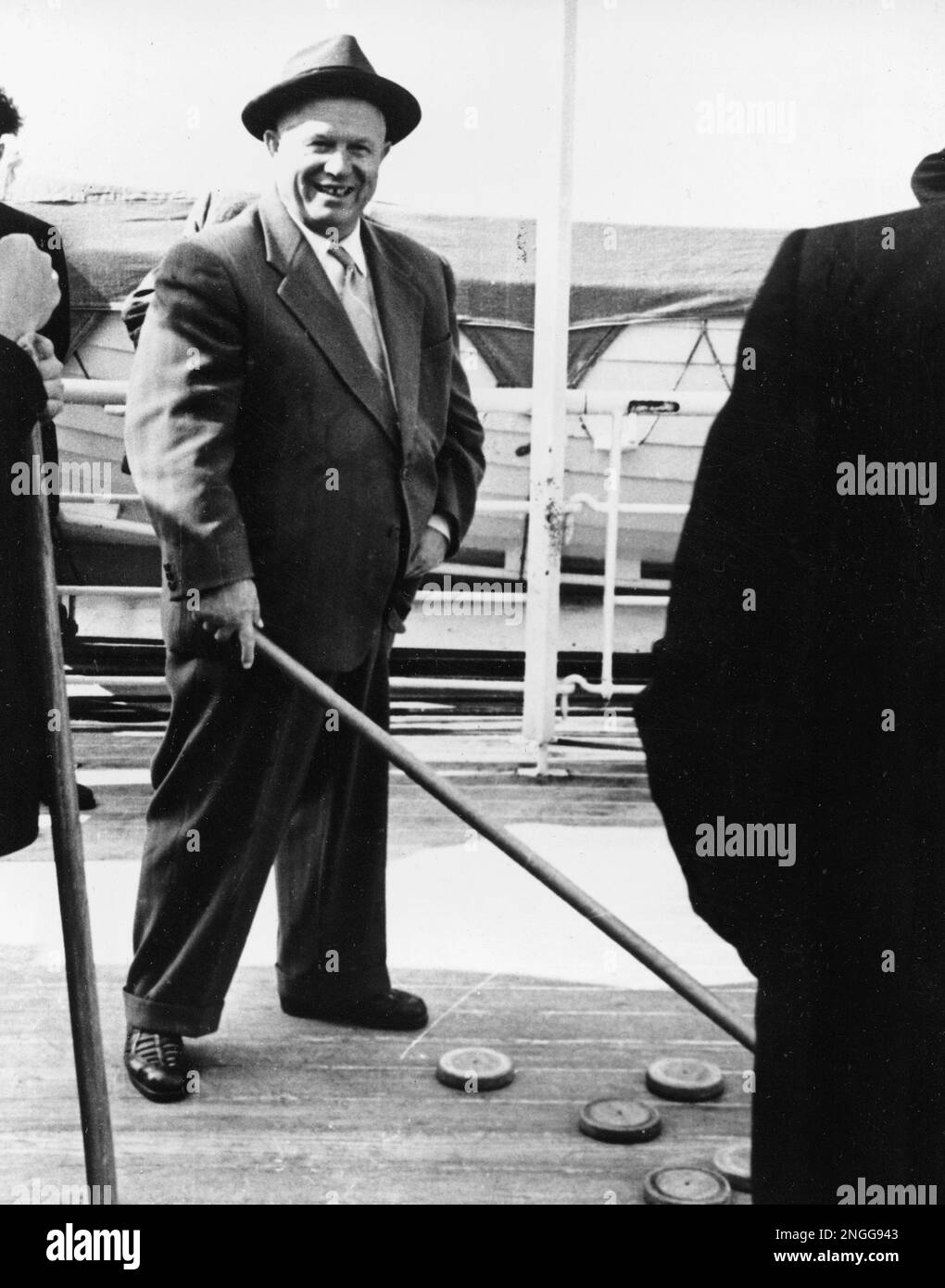 Soviet Premier Nikita Khrushchev is shown aboard the ocean liner ...