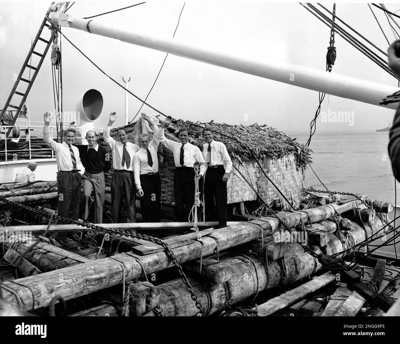 The Kon-Tiki expedition crew waves from the homemade balsa wood and ...