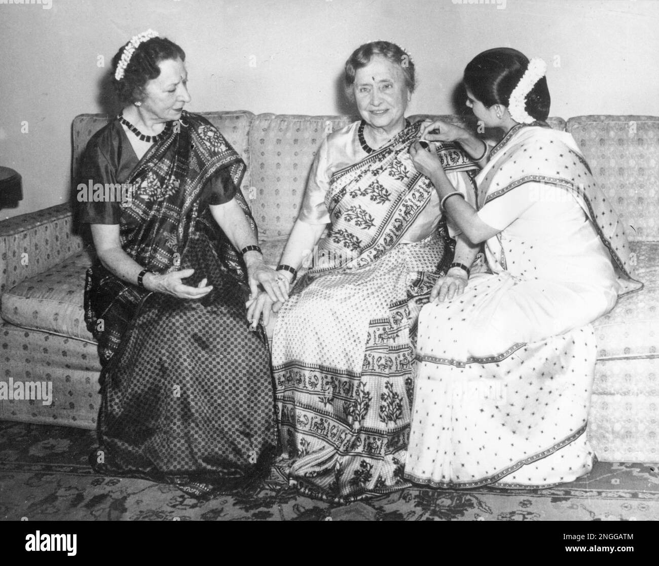 Dr. Helen Keller, center, wears a sari and a bindi, Indian caste mark ...