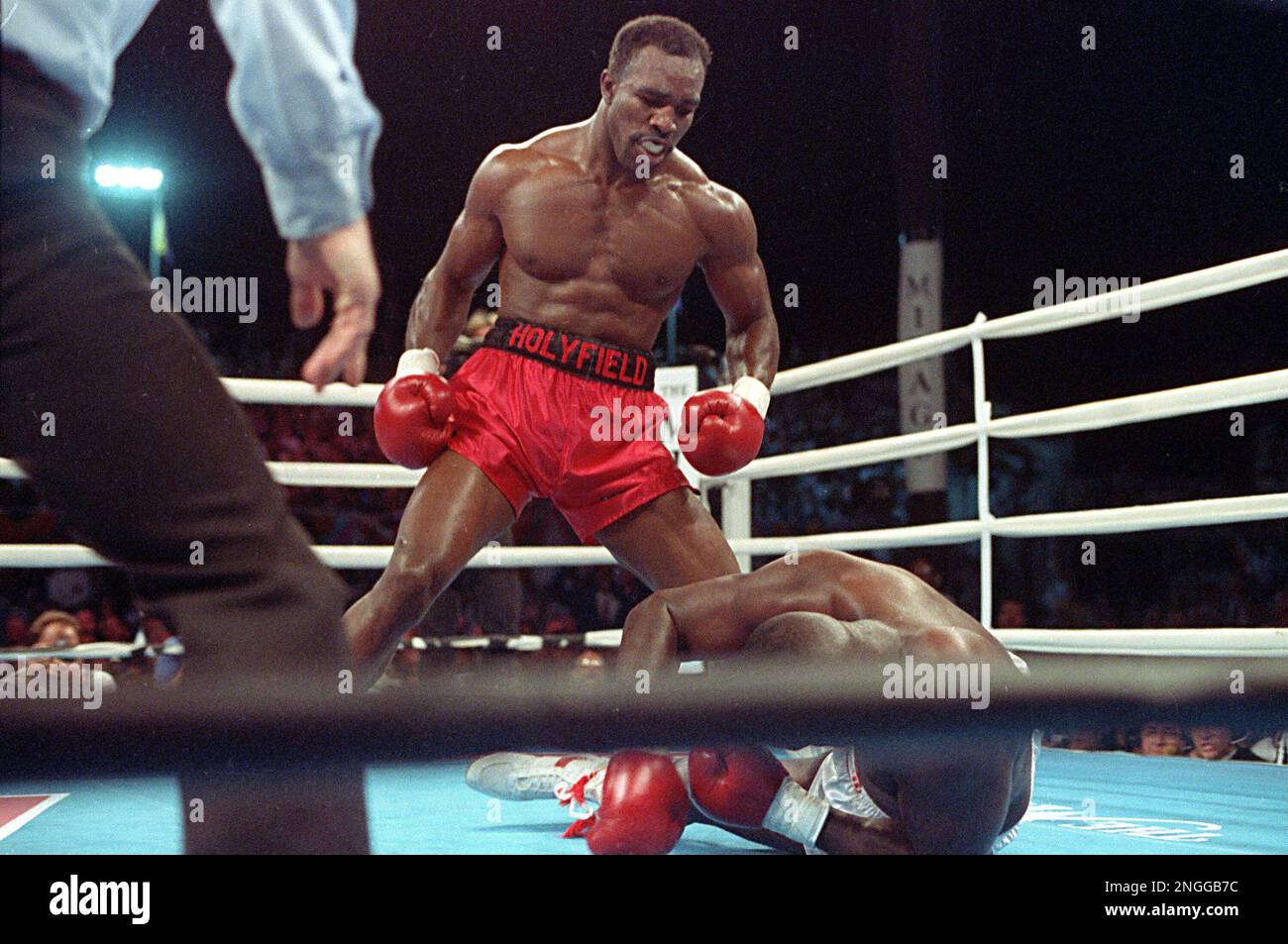 Evander Holyfield stands above the knocked-out James "Buster" Douglas in the third round of ...