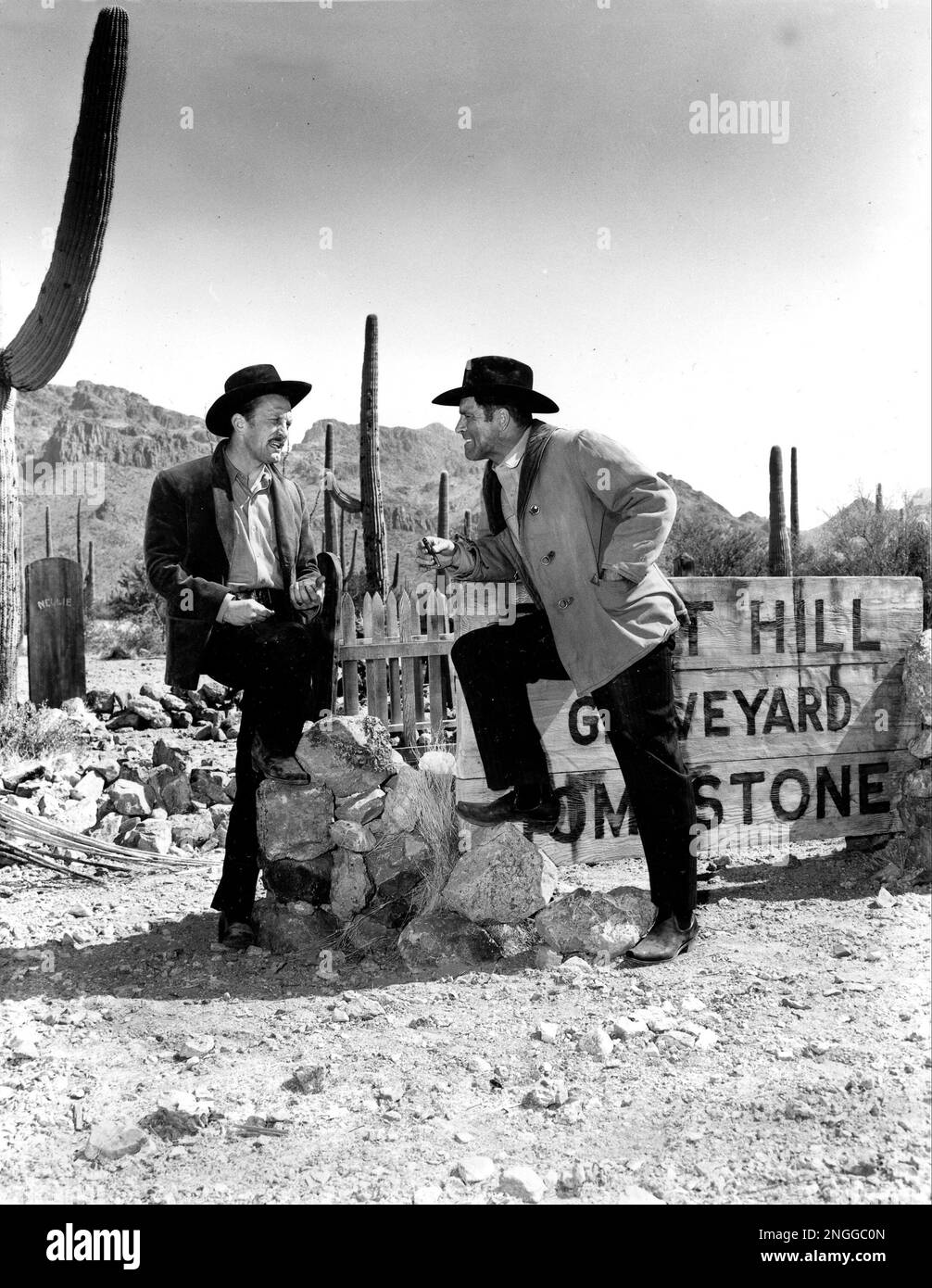 Co-stars Kirk Douglas, left, and Burt Lancaster talk between scenes on the set of the western ...