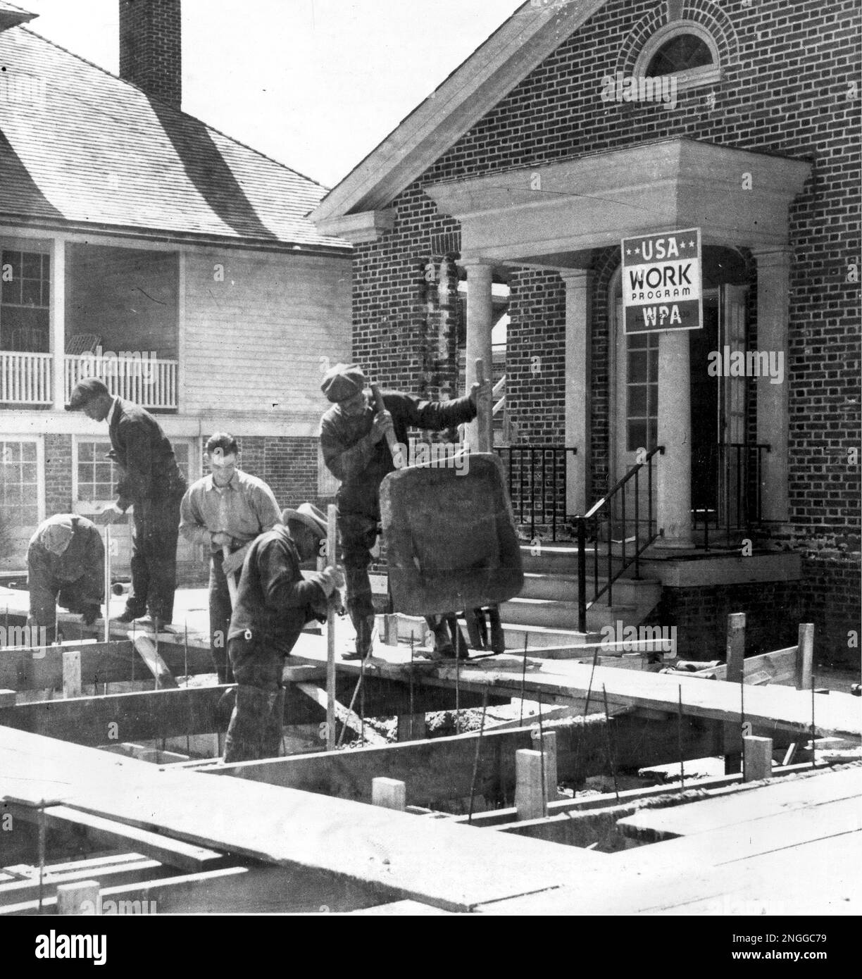 Work Projects Administration workers are shown during construction in ...