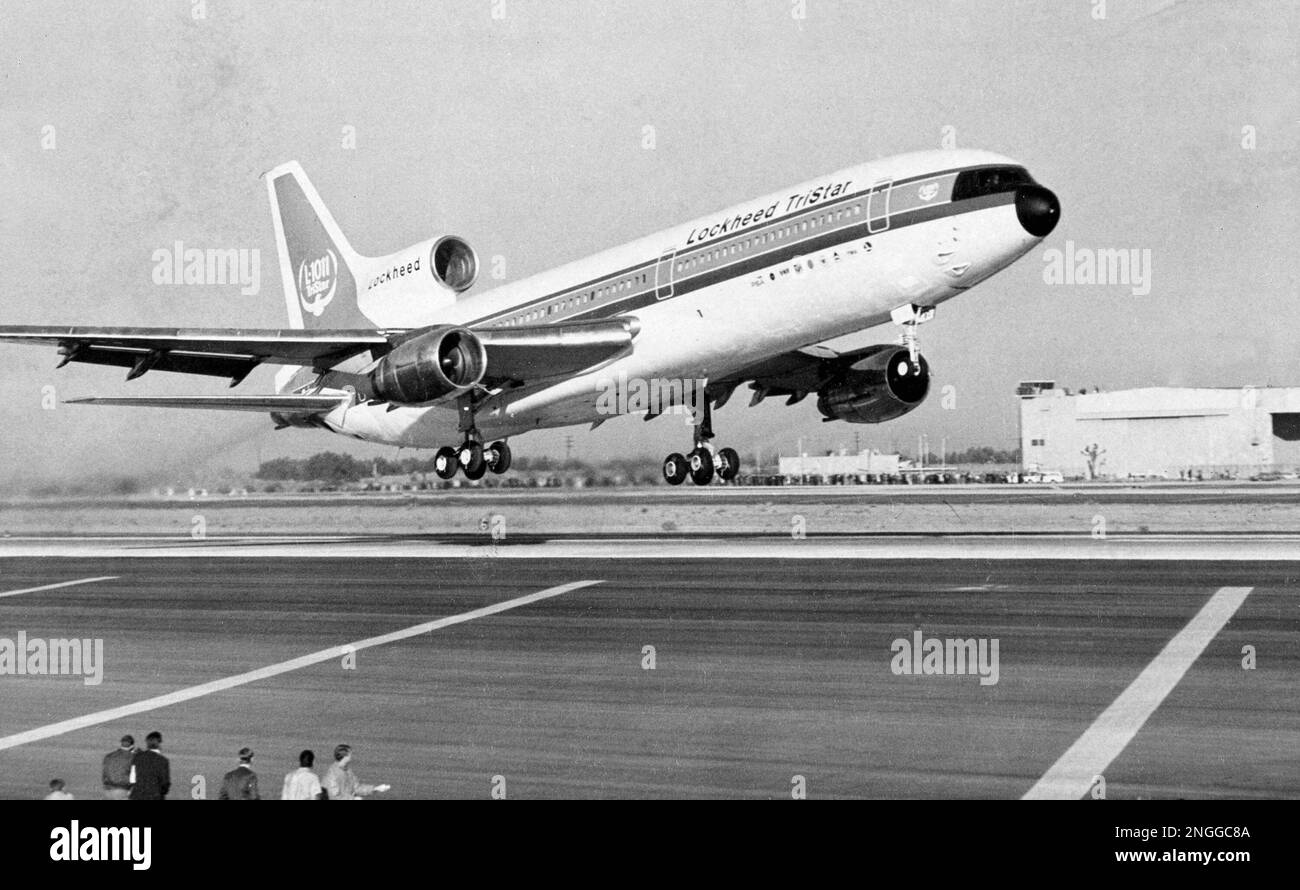 The Lockheed TriStar L-1011 airplane is shown during its first air test ...
