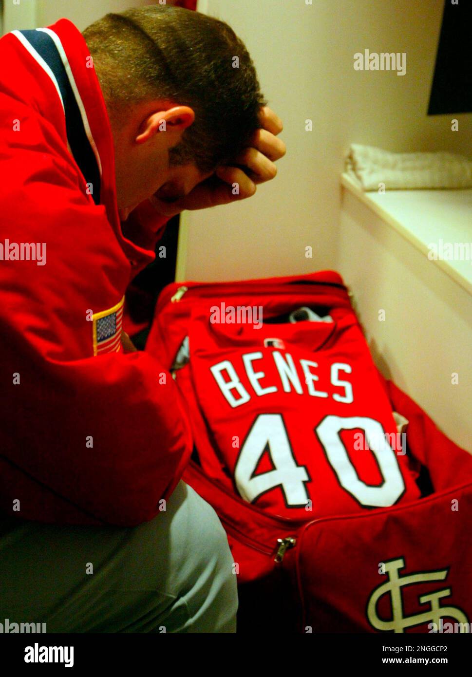 St. Louis Cardinals pitcher Andy Benes sits in the locker room after ...