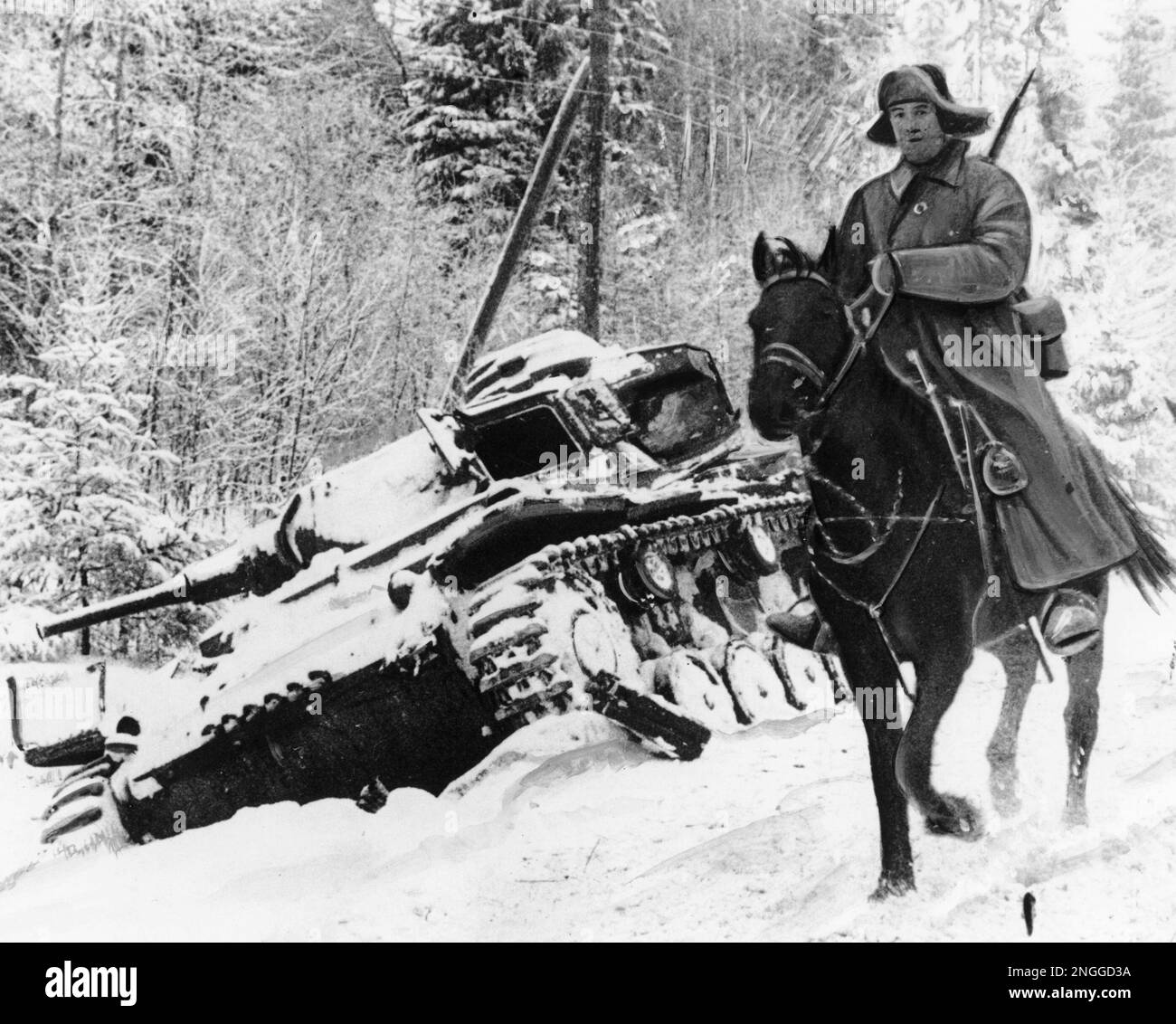 A horseback rider of the Red Army cavalry, clad in heavy winter gear ...